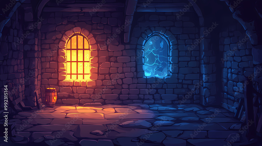 Night medieval stone castle cartoon game background. mystic dungeon ...
