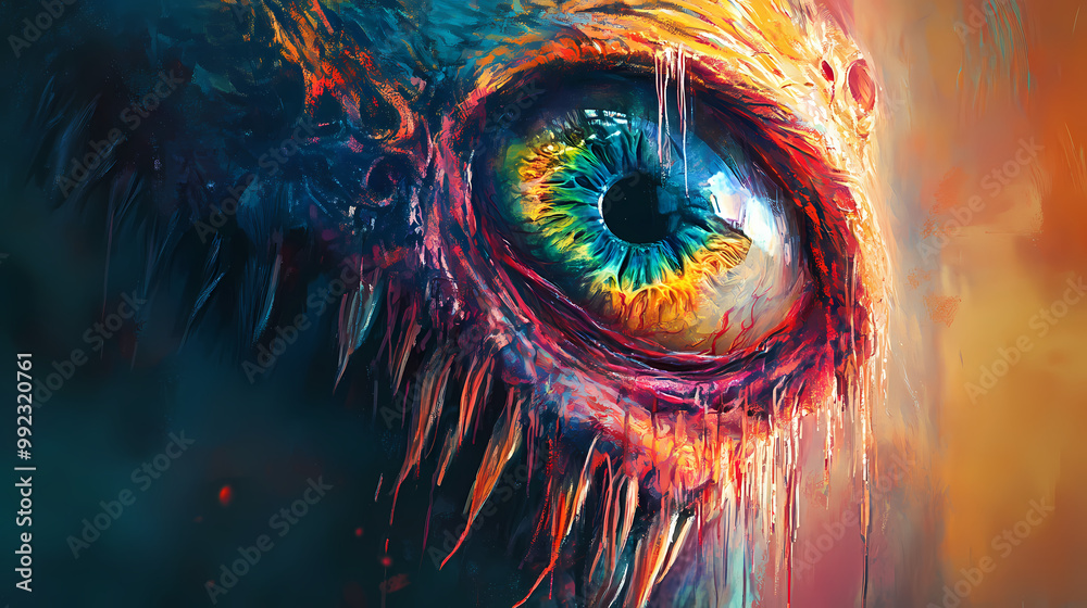 Realistic monstrous entity with a single large eye, vivid colors, eerie ...