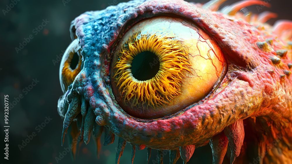 Realistic monstrous entity with a single large eye, vivid colors, eerie ...