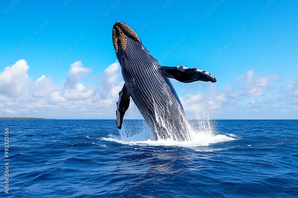 A whale breaching out of the ocean, its massive body rising above the ...
