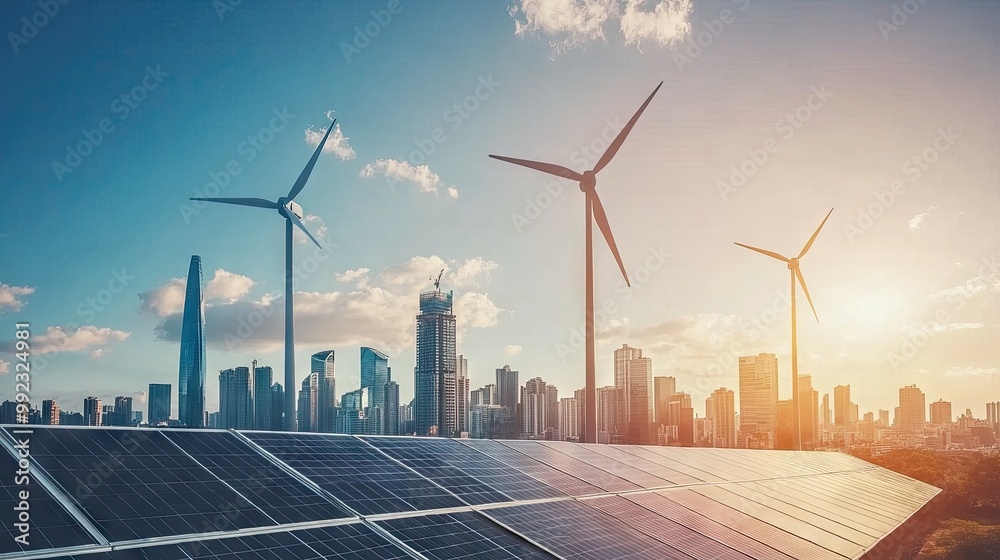 Wind turbines spinning and solar panels absorbing sunlight with a city ...