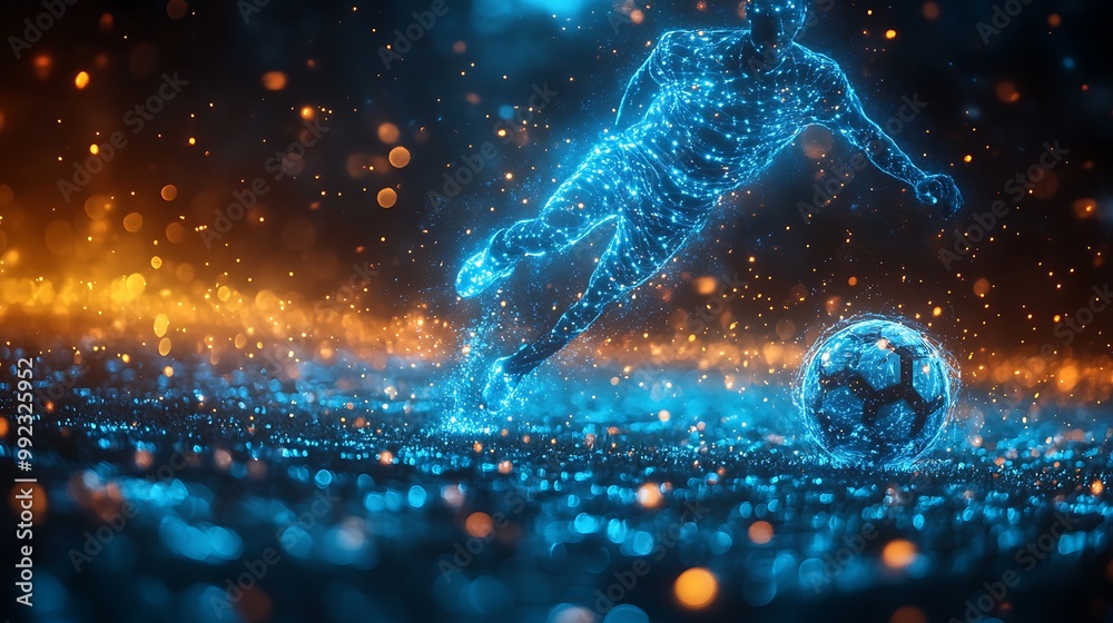 Blue digital soccer player with glowing data, artificial intelligence ...