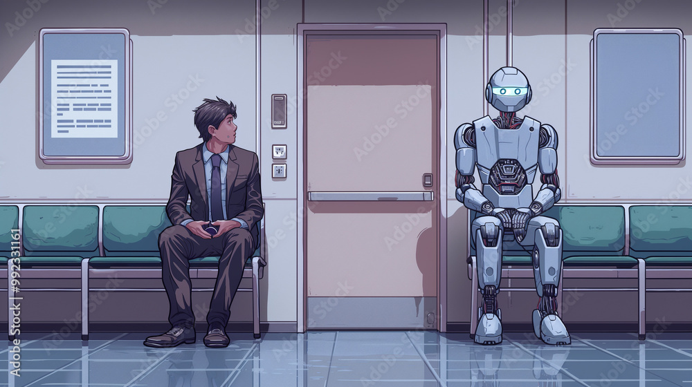 Image of a businessman and a human-like AI robot sitting in a waiting room waiting for a job ...
