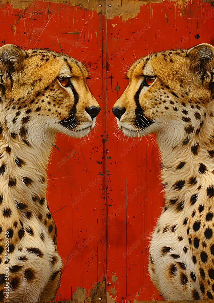 The image captures the mesmerizing moment of two cheetahs locking eyes ...