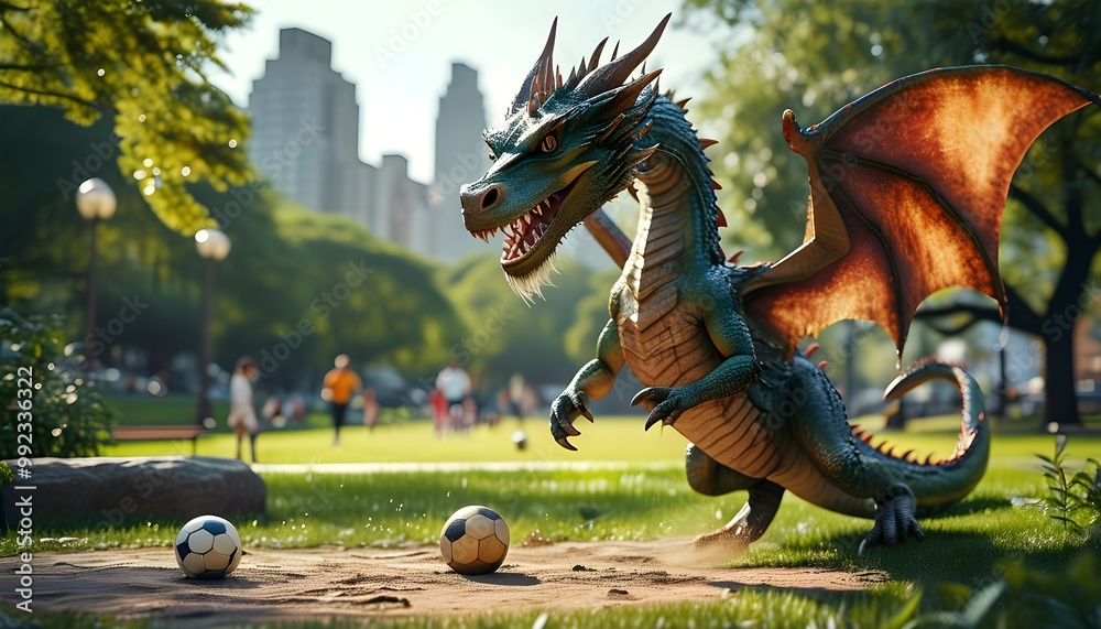 Playful dragon kicking a ball in a vibrant urban park, showcasing a ...