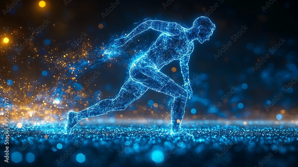 Blue digital soccer player with glowing data, artificial intelligence ...