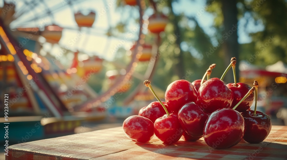 Cherries placed a classic picnic table at a vintage fairground with ...