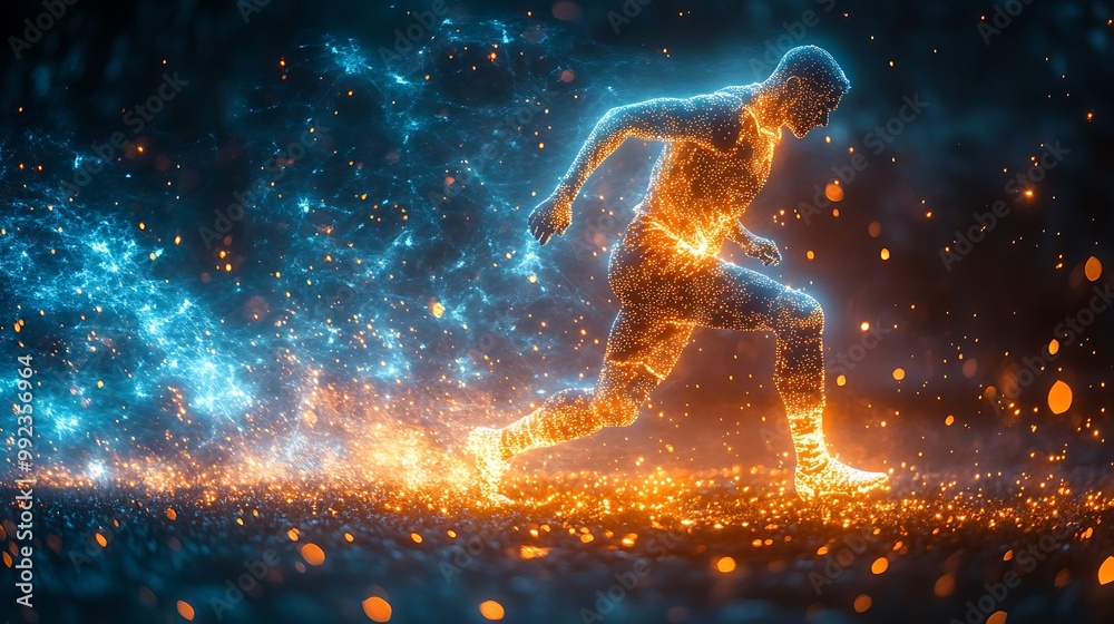 Blue digital soccer player with glowing data, artificial intelligence ...