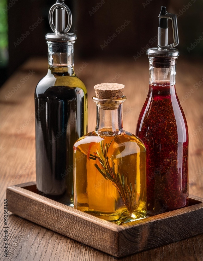 Gourmet condiment selection with depth of field featuring infused oils ...
