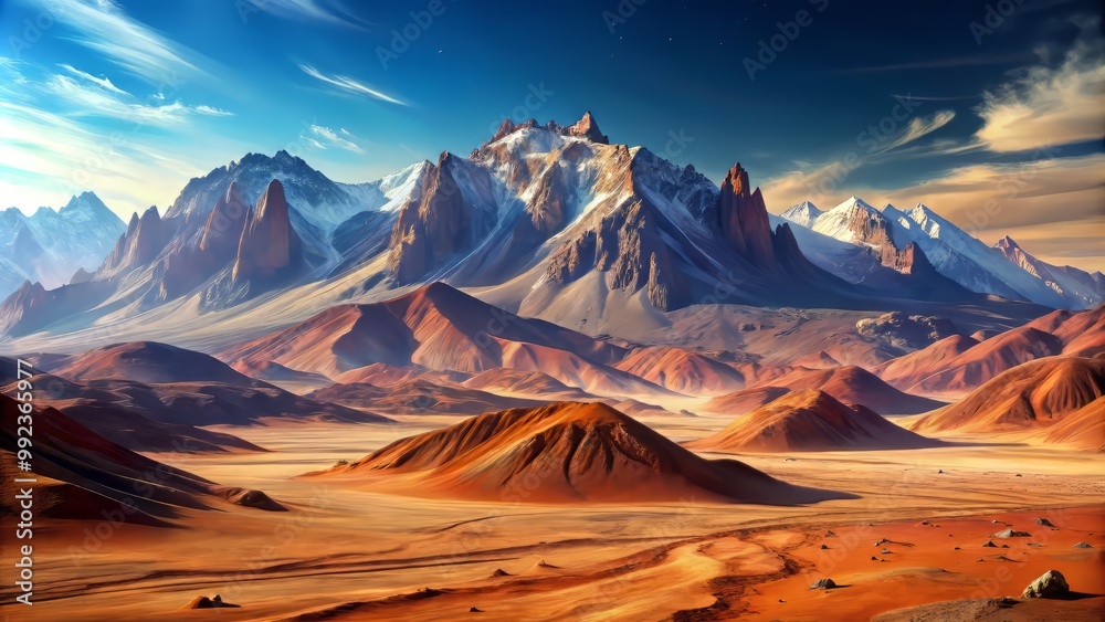 Rugged mountain range on a barren, red desert planet, with dusty ...
