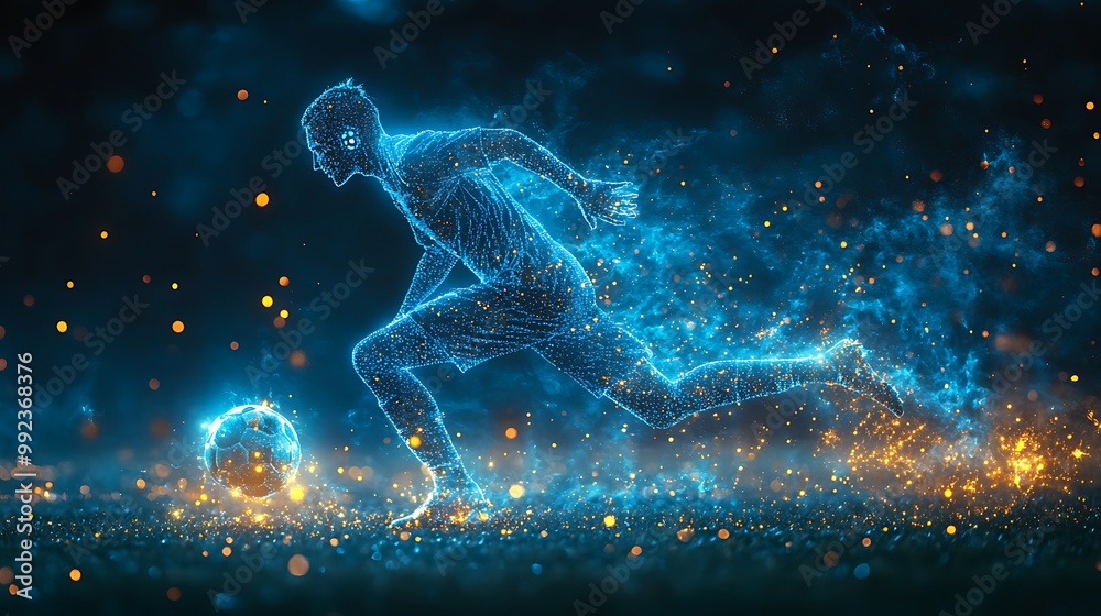 Blue digital soccer player with glowing data, artificial intelligence ...