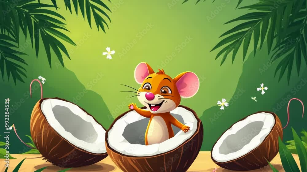 Lush tropical setting with palm fronds framing scene. Adorable cartoon ...