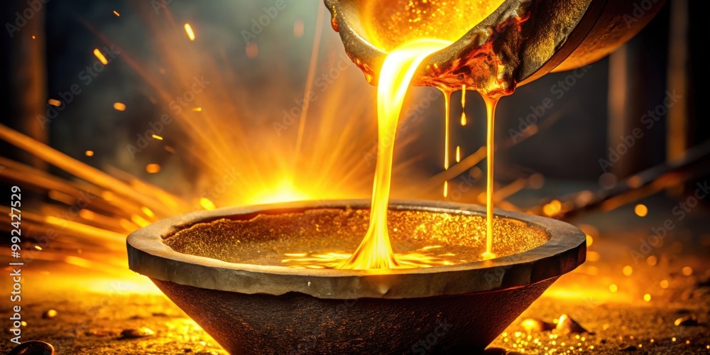 Shimmering molten gold pouring from a crucible, Liquid, metal, precious ...