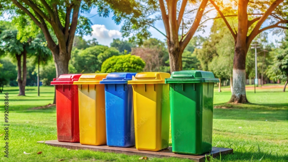 Colorful trash cans in park for waste segregation and recycling , trash ...