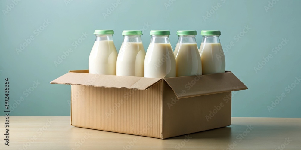 Bottles of fresh milk packed in a cardboard box , dairy, organic ...