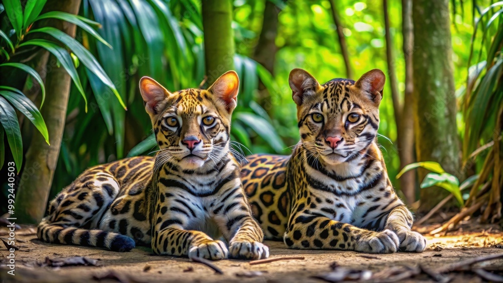 Ocelots resting under the shade in the rainforest , ocelot, wildlife ...