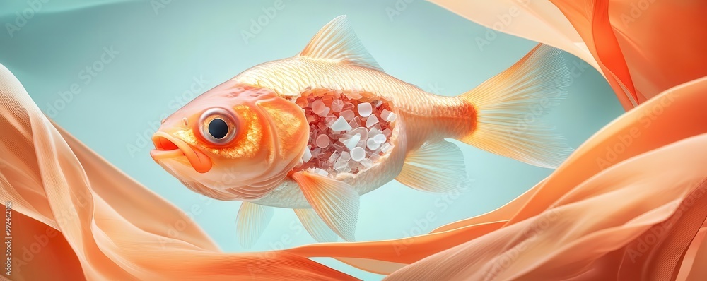 A depiction of microplastics inside a fish's digestive system, with ...