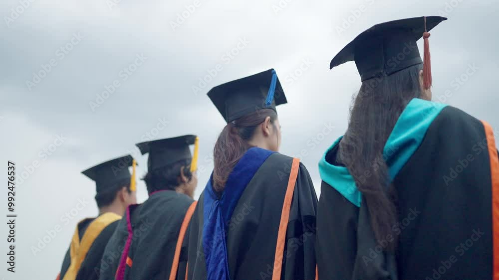 A group of people wearing graduation caps and gowns stand in a line ...