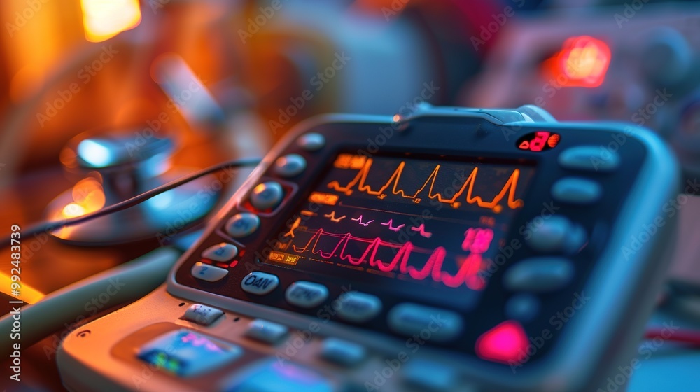 Close-up view of a portable ECG device screen displaying real-time ...