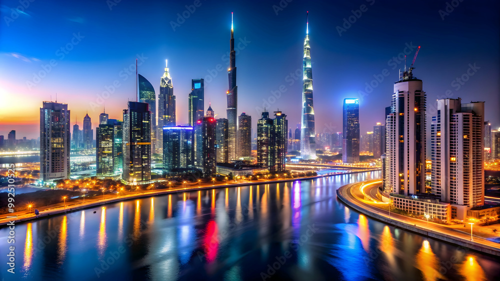 Vibrant and illuminated Dubai city skyline at night, Dubai, city, night ...