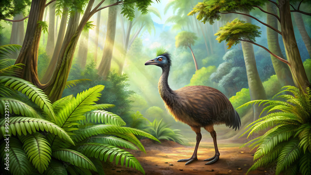 cartoon rendering of a moa bird in ancient New Zealand forest, moa ...