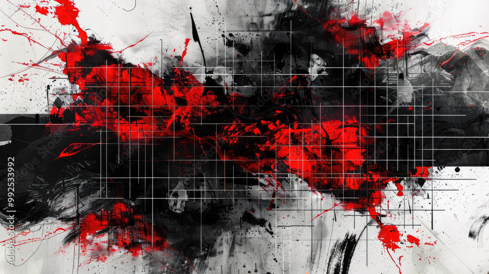 Dynamic abstract art featuring fusion of red and black splashes ...