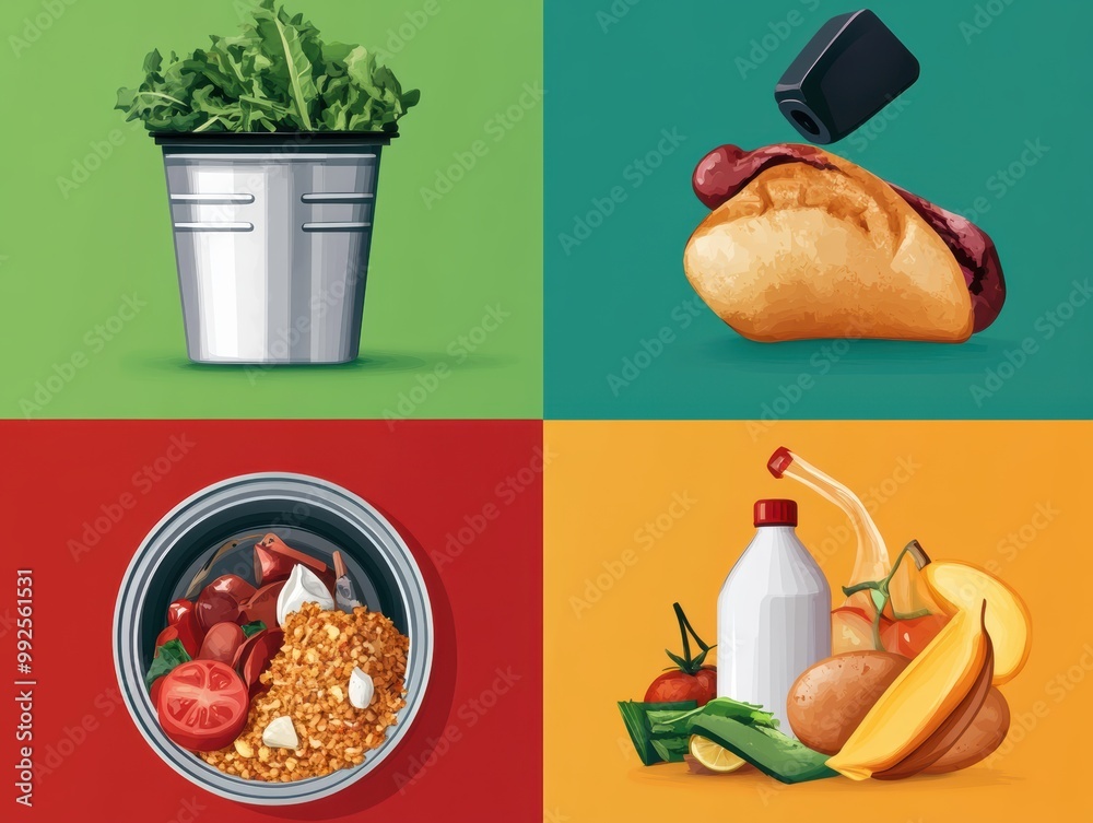 Four quadrants showing food waste decomposition, recycling waste ...