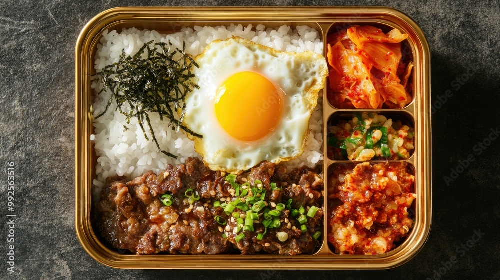 Korean Dosirak lunchbox with sections of rice, marinated bulgogi, spicy ...