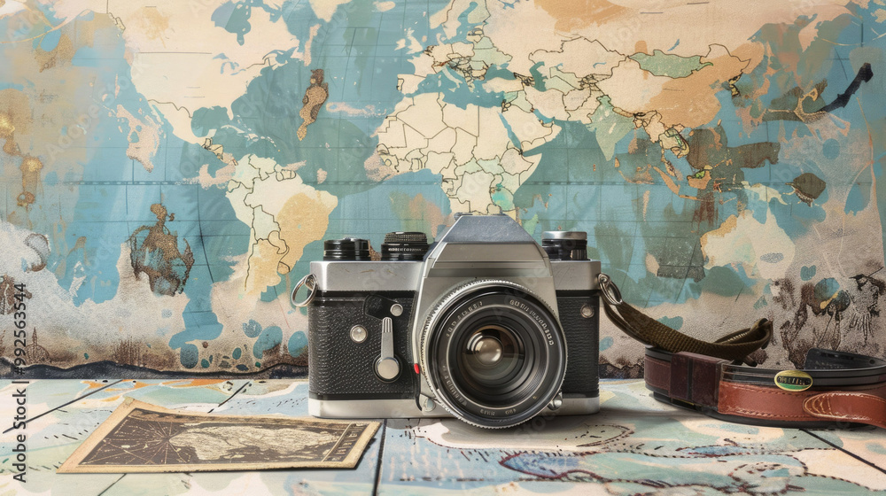 vintage camera is prominently displayed against world map backdrop ...