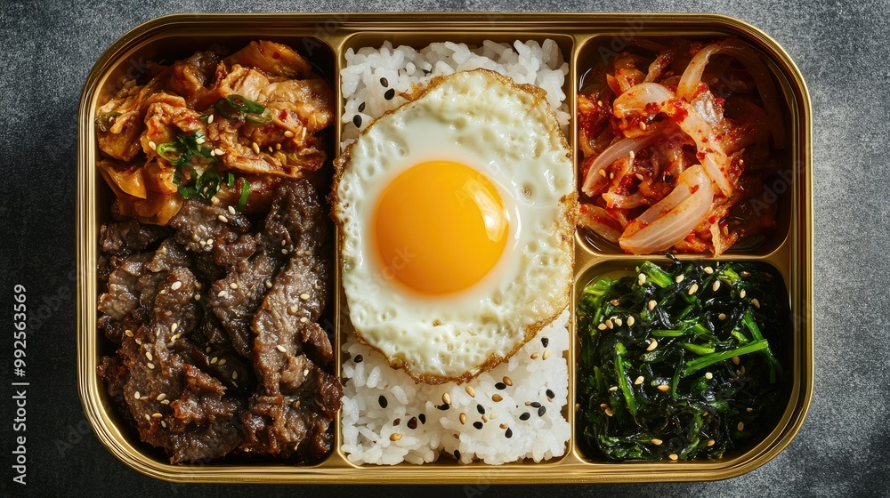 Korean Dosirak lunchbox with sections of rice, marinated bulgogi, spicy ...