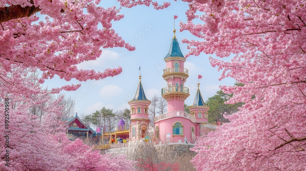 Lotte World Amusement Park with cherry blossoms in full bloom, the ...