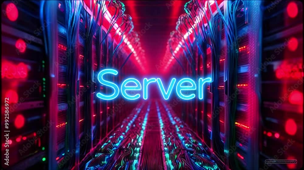 Neon "Server" sign in a server room with red and blue lights. Stock ...