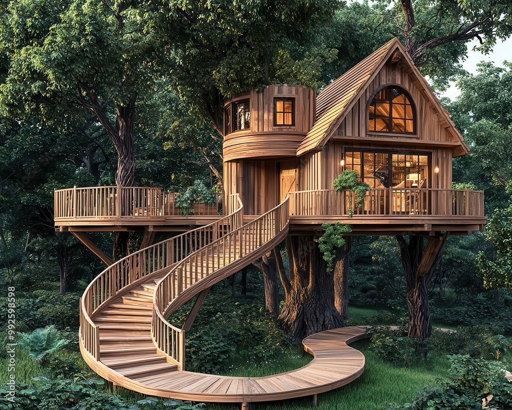 A tree house with a winding ramp entrance, providing accessible and ...
