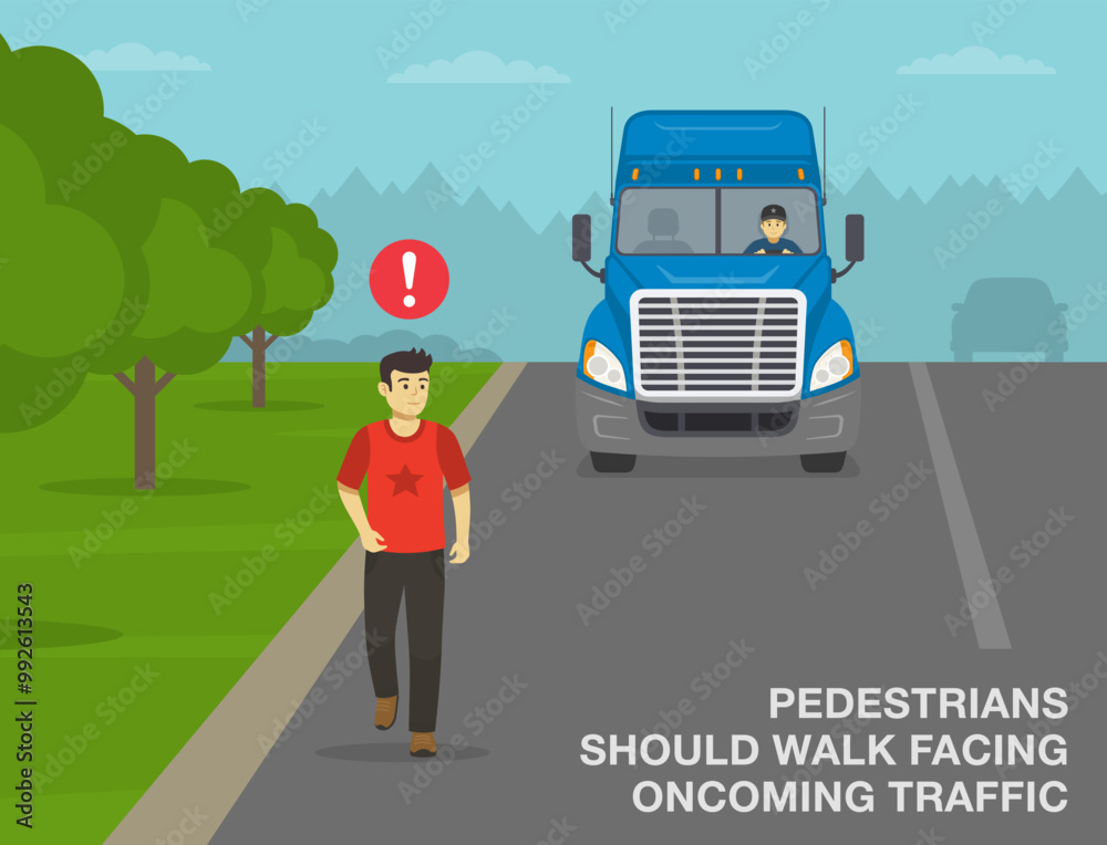 Safe driving tips and traffic regulation rules. Front view of a male ...