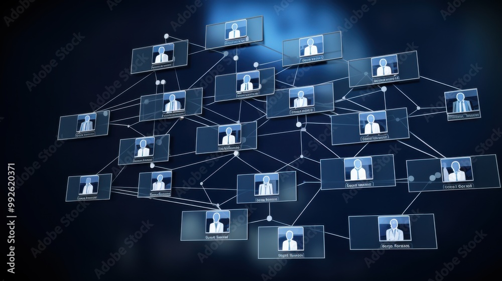 A corporate organizational chart featuring interconnected profiles and ...