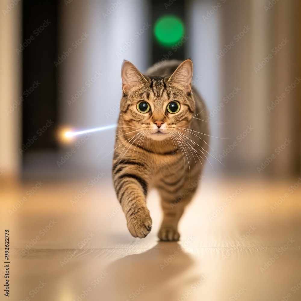 Cat darting across a room, chasing a laser pointer, quick movement ...