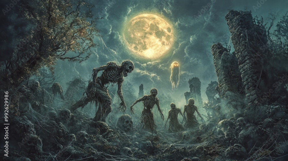A group of zombies and mummies in a graveyard, the full moon shining ...