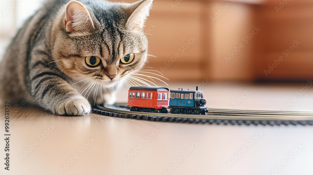 Cat swatting at a toy train moving in circles, curious motion, vintage ...