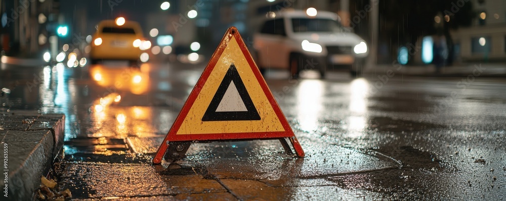 A caution sign on a wet street at night, warning of potential hazards ...