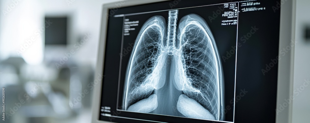 X-ray image of human lungs displayed on a monitor in a modern medical ...