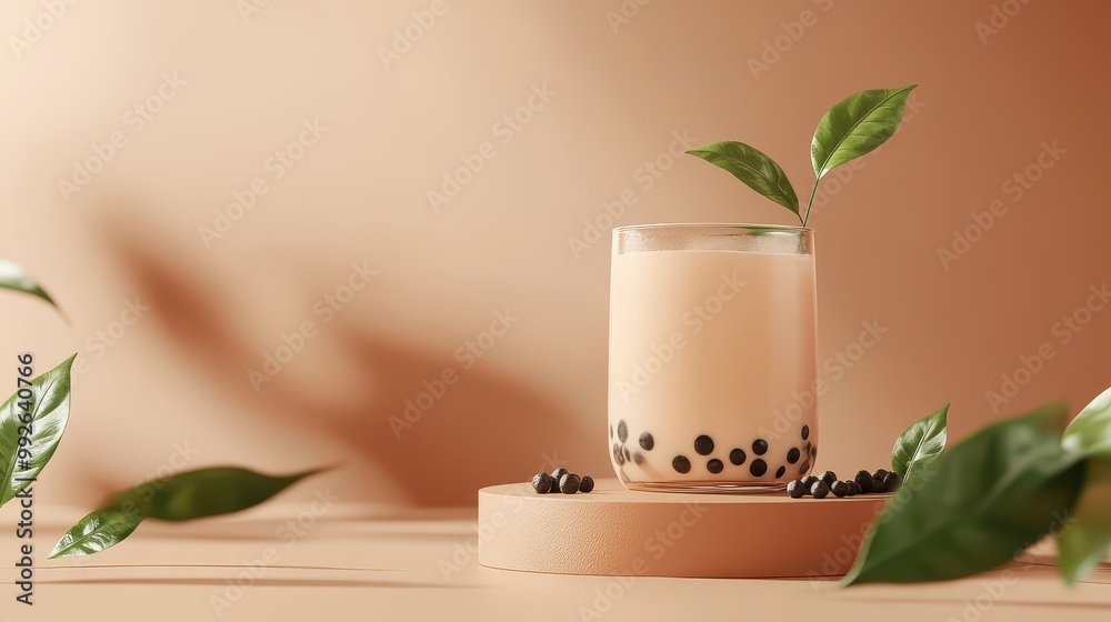 Bubble milk tea advertisement with leaves elements on summer background ...