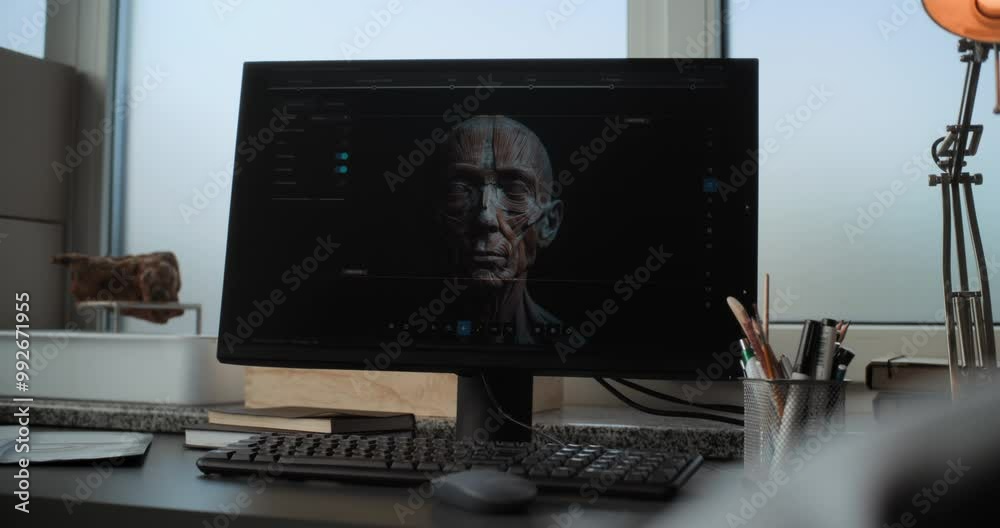 Personal computer screen with displayed 3D model and visualization of ...