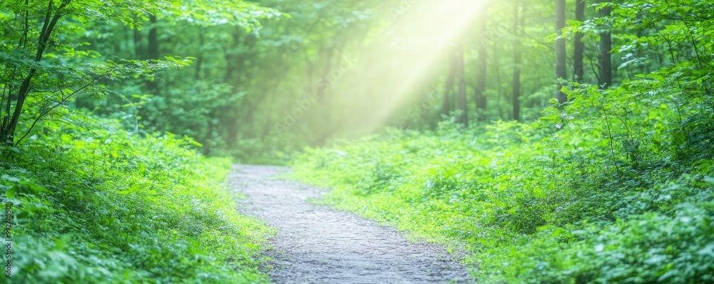 Lovely sunshine in a verdant forest. Gorgeous dawn light on a peaceful ...