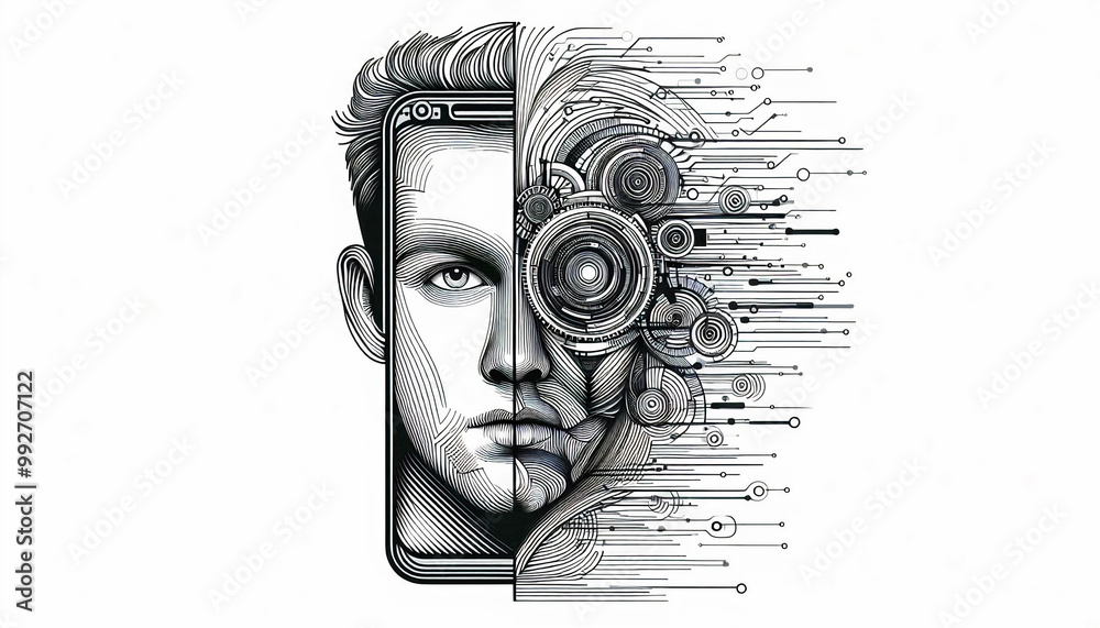 Digital illustration of a man's face split into a human and robotic ...