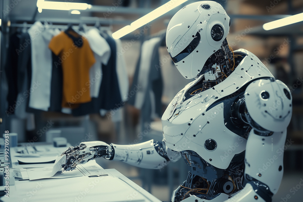 robot is sitting at a table with a pile of clothes in front of it. The ...