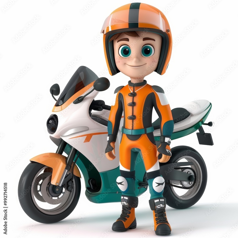 Cute cartoon boy in a GP motorbike athlete costume with a GP motorbike ...