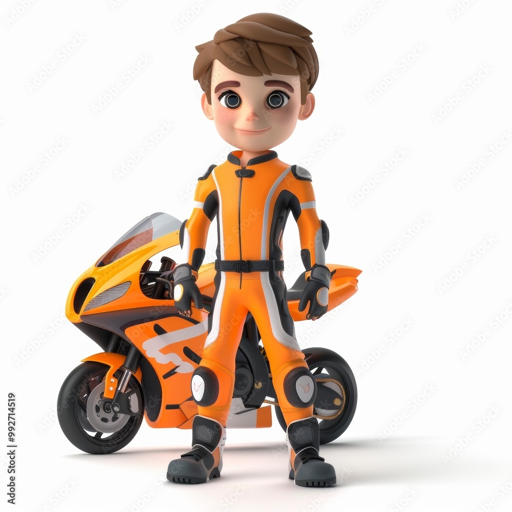 Cute cartoon boy in a GP motorbike athlete costume with a GP motorbike ...