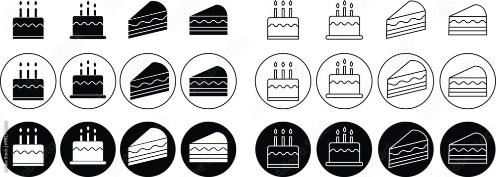 Cake icons Set. Symbols of holiday. Festive cake with candles. Happy ...