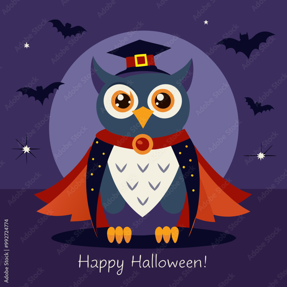 Happy Halloween Owl: A cute cartoon owl in a graduation cap and cape ...
