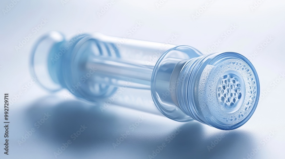 Asthma inhaler close-up, focusing on the mouthpiece and detailing of ...